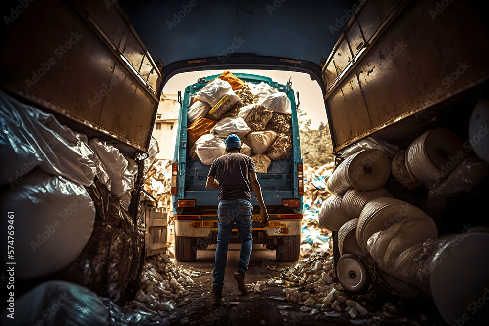 Man loads garbage into waste truck and takes it to landfill dump ...