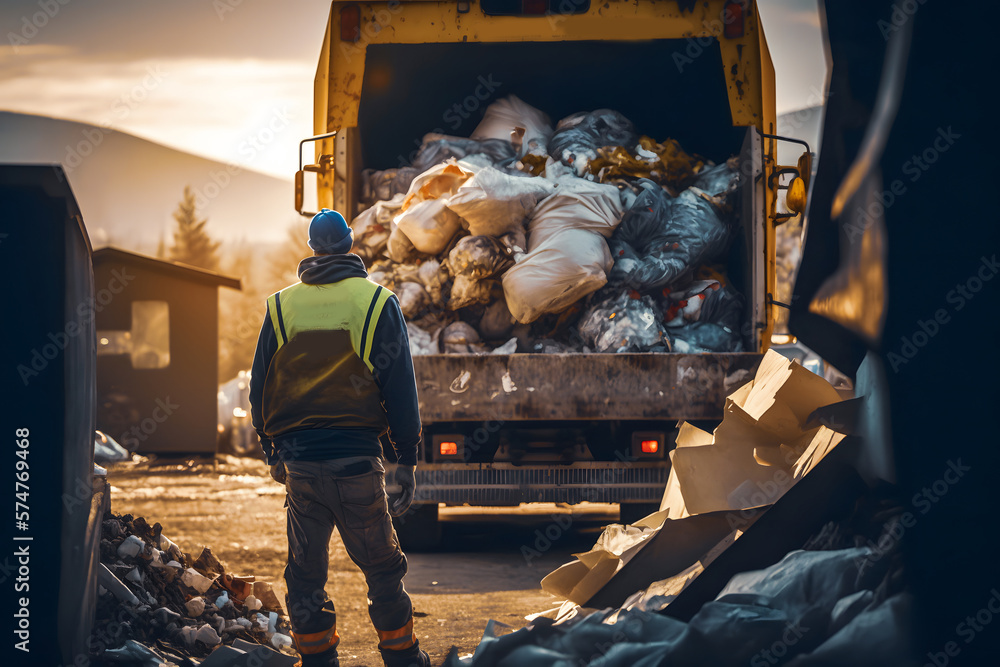 Man loads garbage into waste truck and takes it to landfill dump. Concept environmental plastic ...