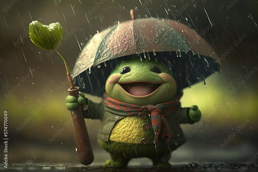 Cute, frog like creature with umbrella hat holding a young sprout ...