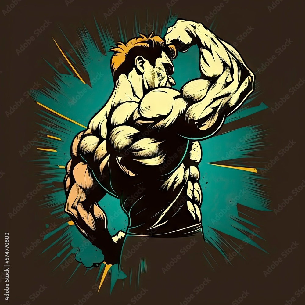 muscle man strong arm sticker, dark background, illustration cartoon ...