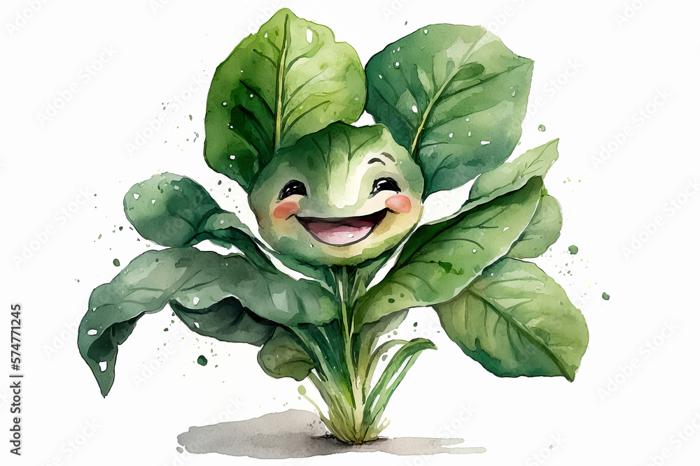 Watercolor cute smiling spinach cartoon character Stock Illustration ...