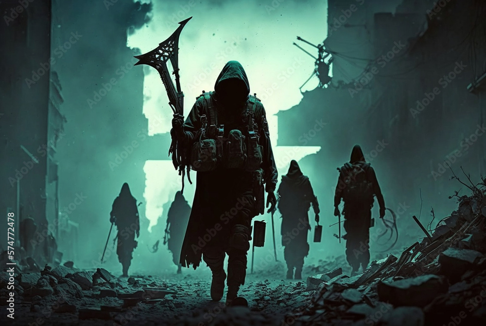 death soldiers during the war. Grim reaper, holding sickle weapon with ...