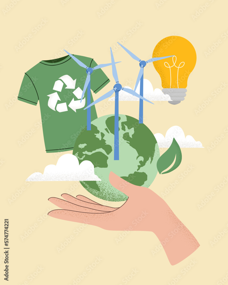 Vector illustration of human hand holding Earth globe, wind power plant ...