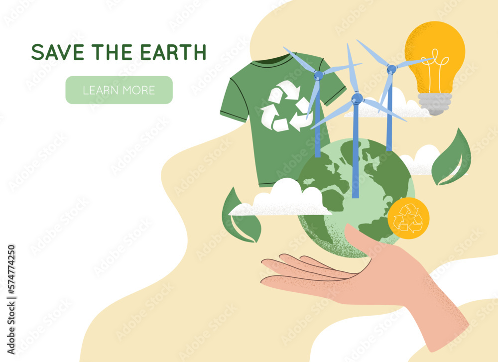 Vector illustration of human hand holding Earth globe, wind power plant ...