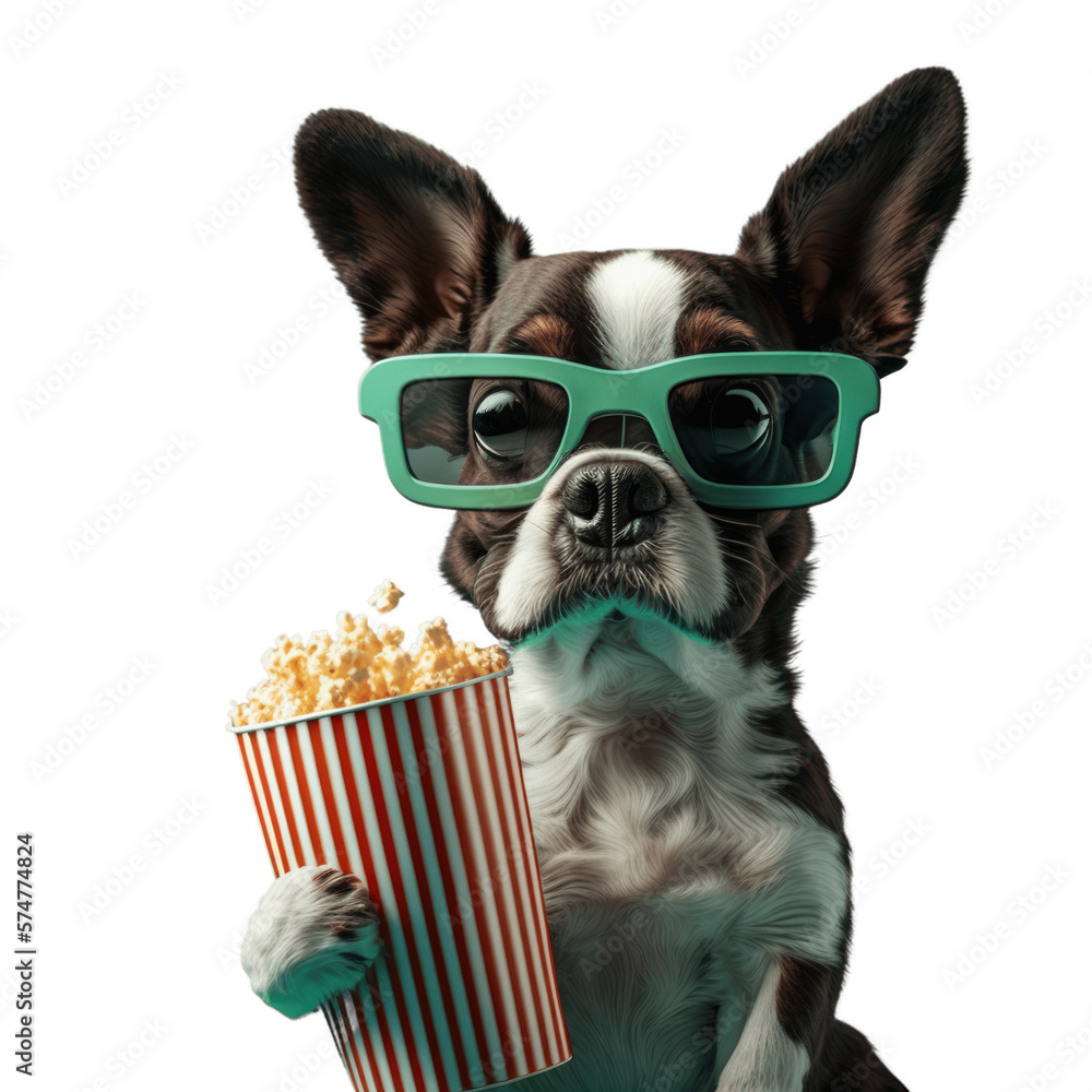 dog wearing 3d glasses and eating popcorn on a transparent background ...