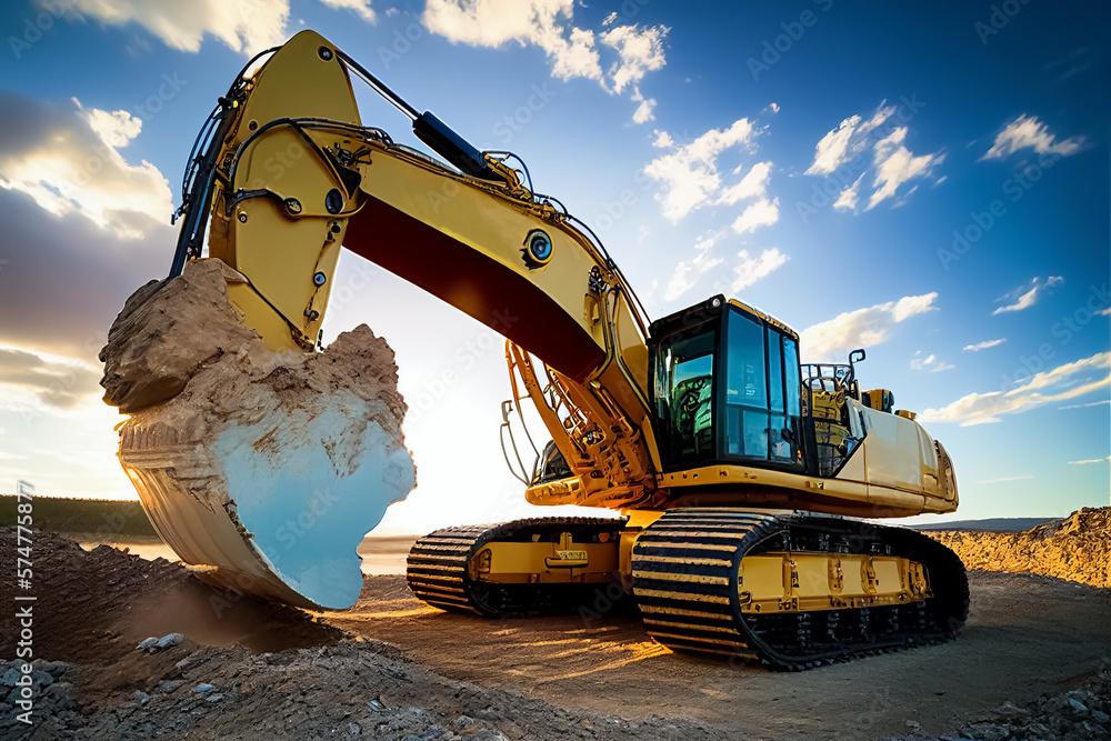 Mining Excavator in open-pit. Biggest excavator in opencast mine. Big ...