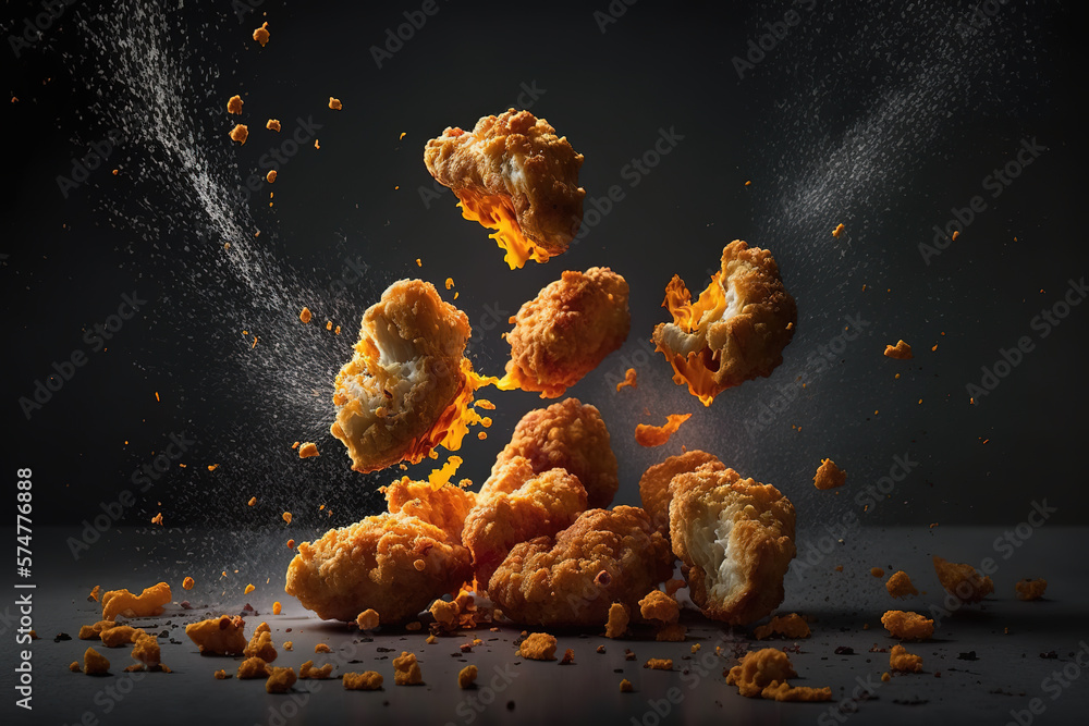 Fried chicken bits floating through the air in slow motion against a ...