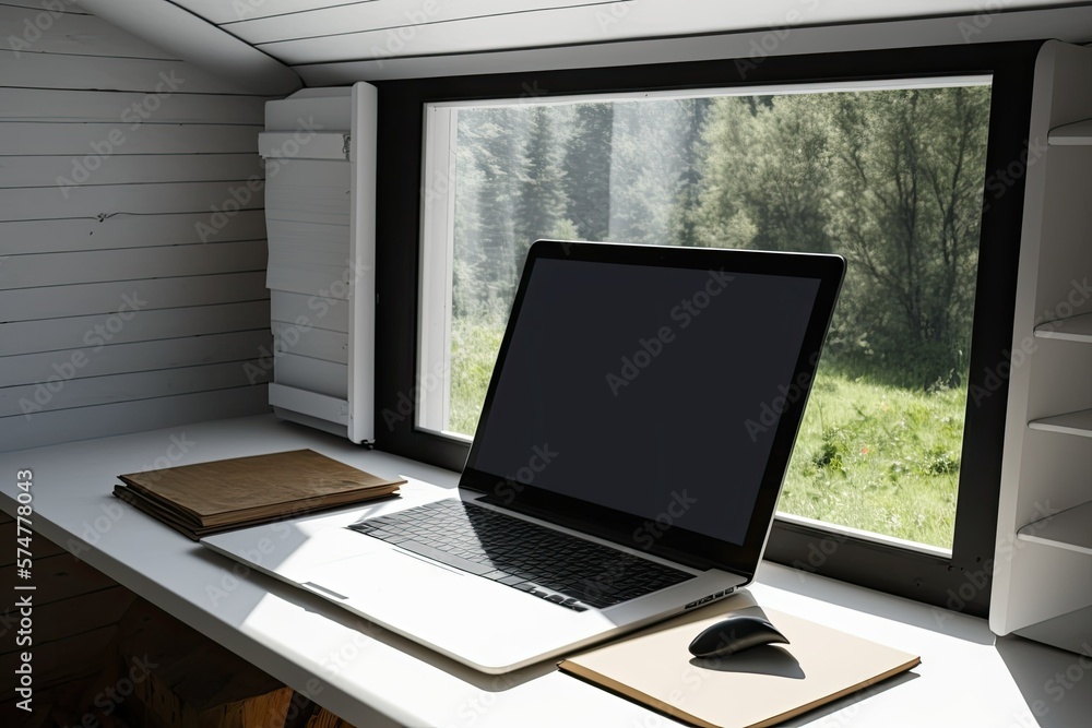 An open modern business laptop resting against an open roof window on a ...