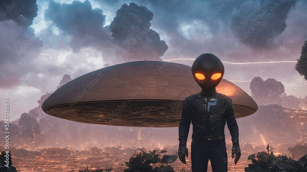 gray alien in black armor suit and glowing orange eyes staying in front ...