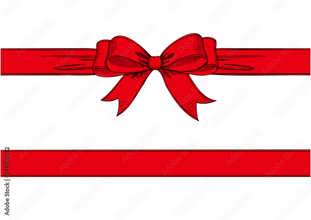 Vintage style decorated red long bow and ribbon. Hand drawn ink line ...