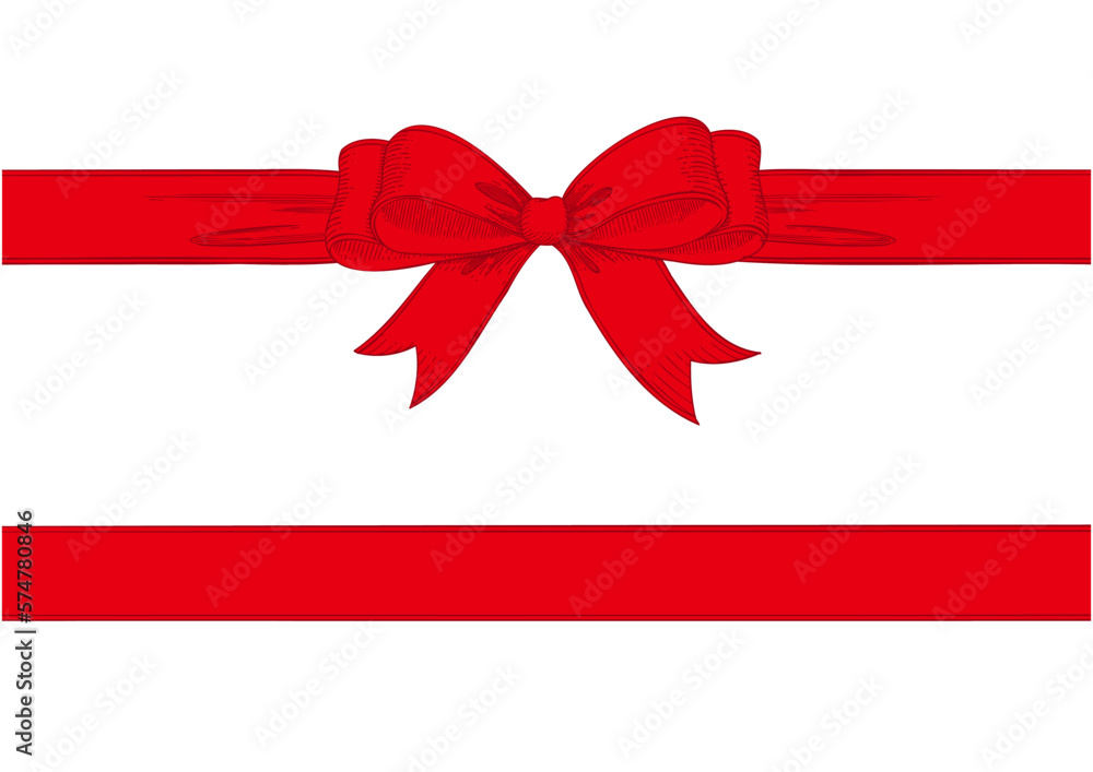 Vintage style decorated long red bow and ribbon. Hand drawn vintage ...