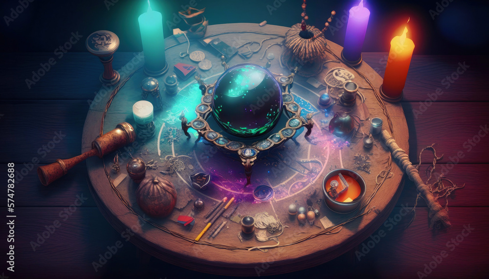 Wizard table with orb of predictions and witchcraft accessories ...