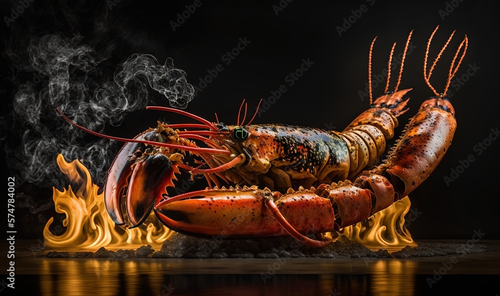 a cooked lobster on fire with smoke coming out of it's back legs and ...