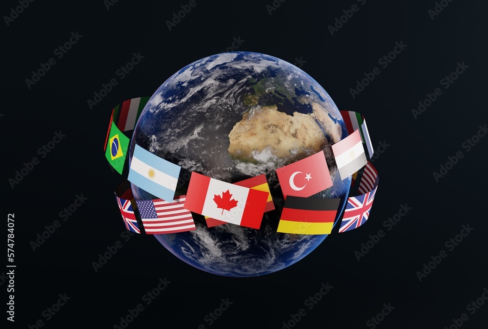 Planet Earth entwined by flags of different countries. Business and ...