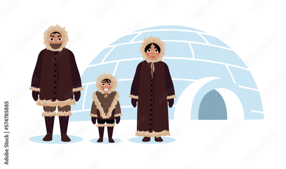 Vector illustration of cute Eskimo family on white.Charming arctic ...