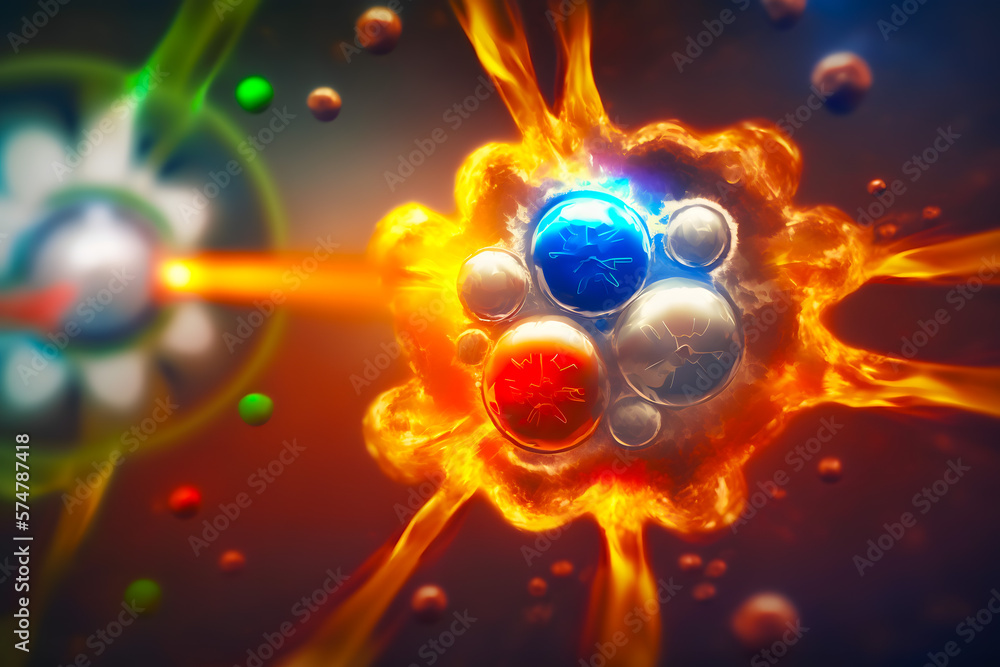 Collision of nuclei of elementary particles, image of nuclear reactions ...