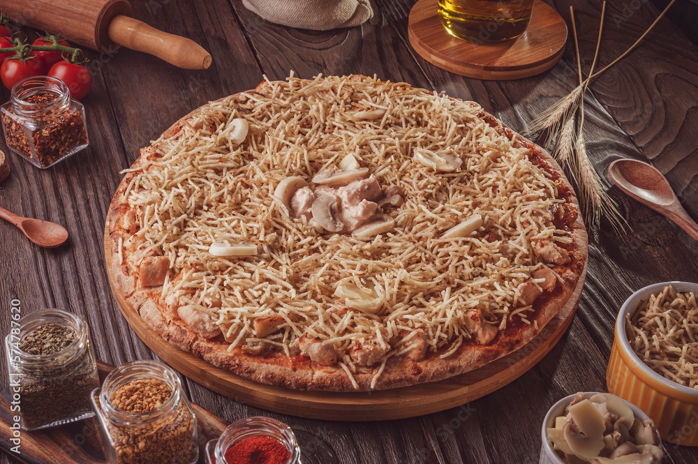 Pizza with mozzarella, chicken stroganoff and potato sticks(Strogonoff ...