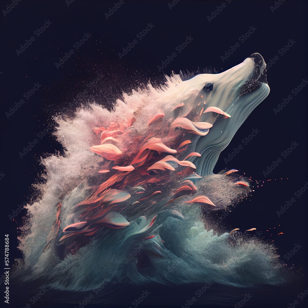Wolf head rising out of sea waves with splash. Abstract painting. Stock ...
