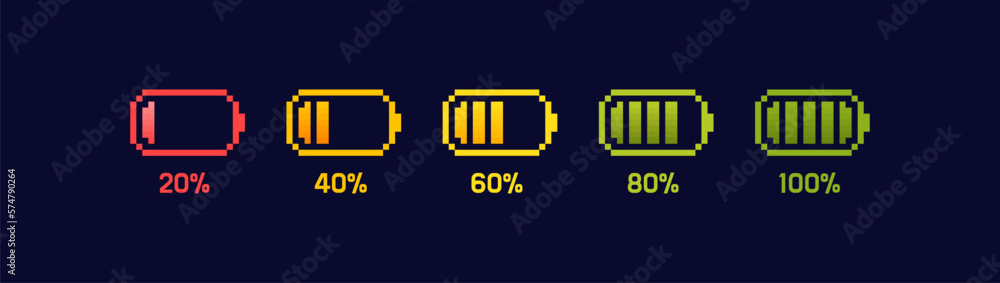 Battery charging process. Different Battery charge level. Set of pixel ...