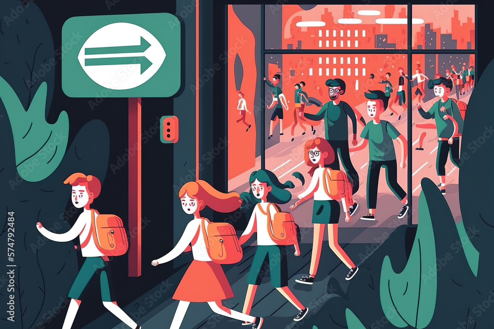 evacuation of students from a school flat color illustration. Staff and ...