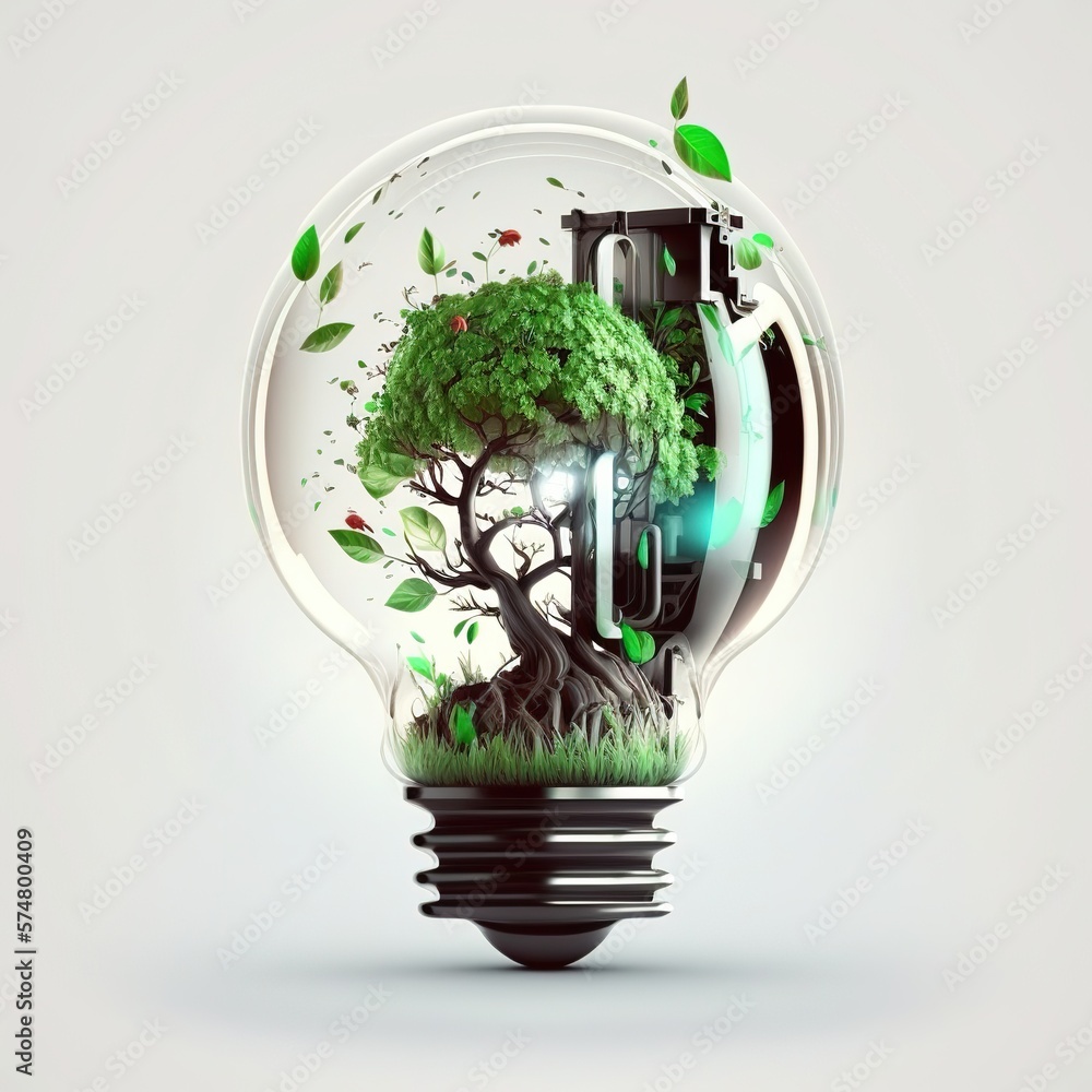 green tree inside a lightbulb with an energy resources icon. Electricity and energy conservation ...