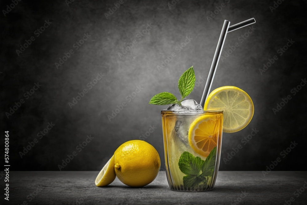 Drinking lemonade the old fashioned way, with lemon, mint, and ice, in ...