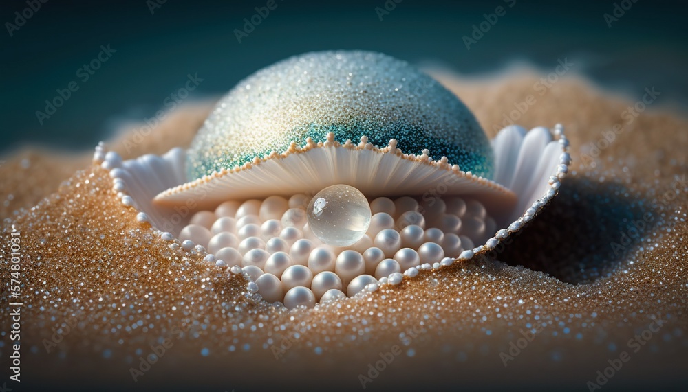 Beautiful pearl shells on a sandy beach. Generative AI Stock ...