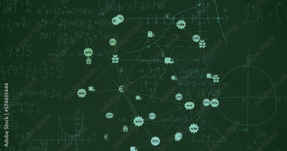 Image of network of connections with icons over mathematical equations ...