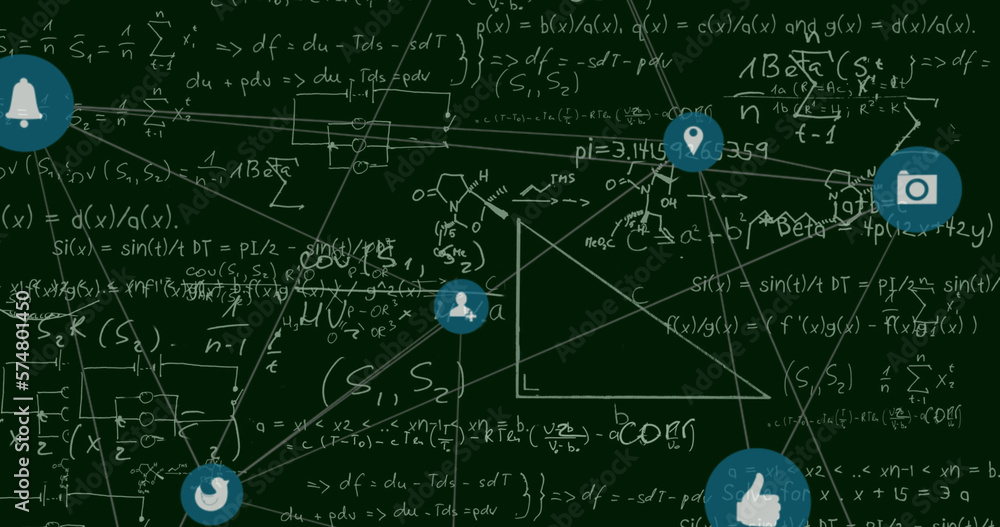 Image of network of connections with icons over mathematical equations ...