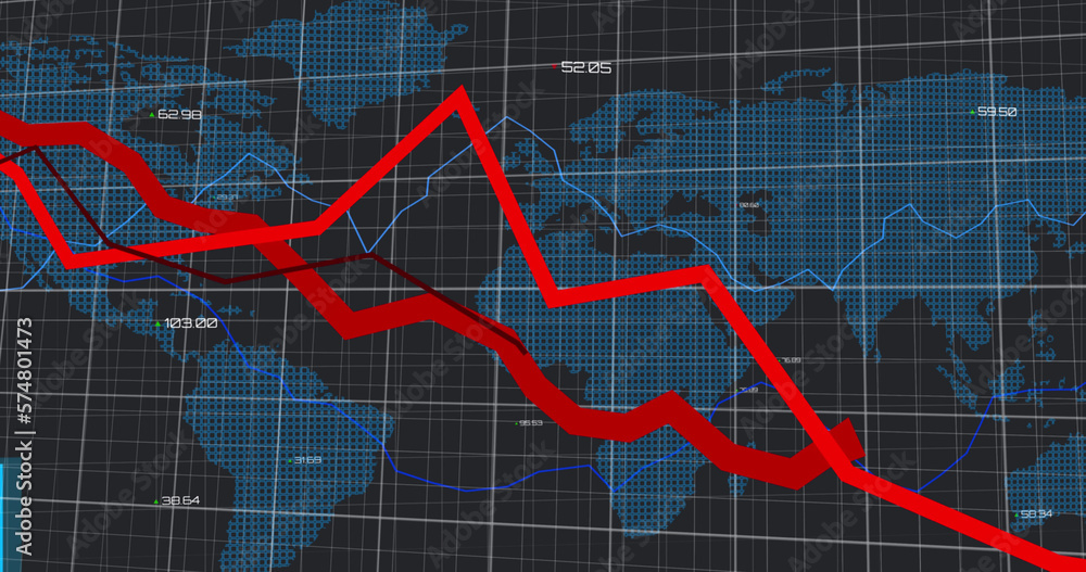 Image of red and blue graphs forming with a grid over a world map with ...