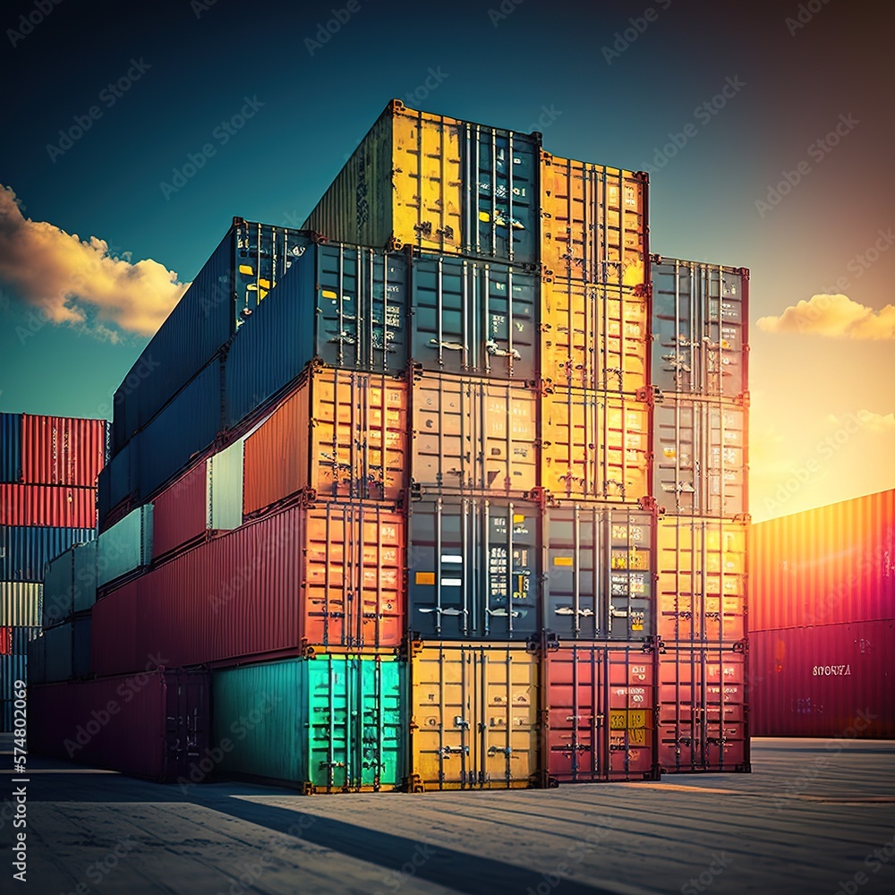 Container stacker crane lifting up stacking container box in yard ...