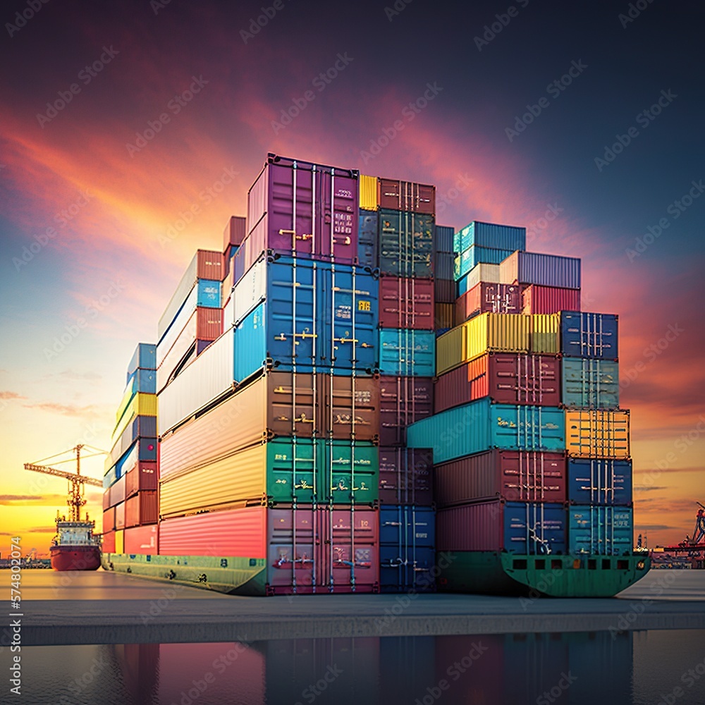 Container stacker crane lifting up stacking container box in yard ...