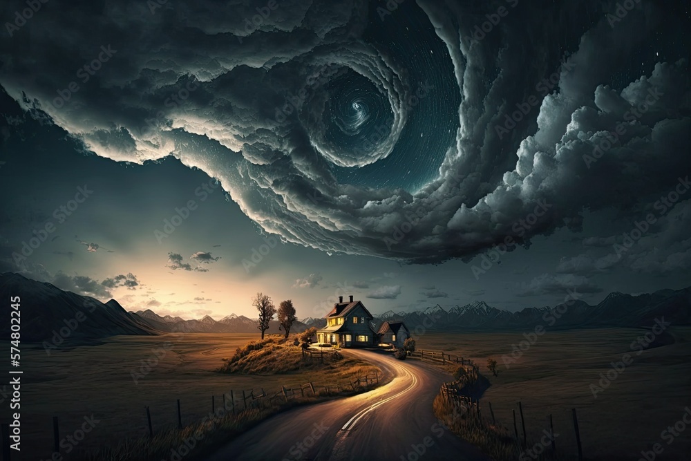 Nighttime Scene of a Rural Area, Complete with a Winding Road and ...