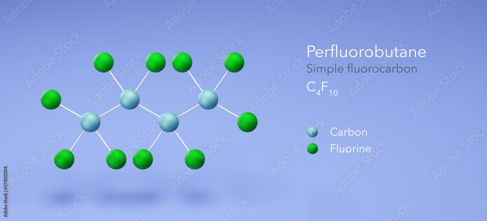 perfluorobutane molecule, molecular structures, simple fluorocarbon, 3d ...