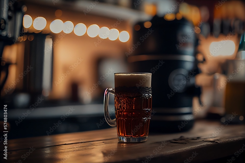 glass of beer on table, a pitcher of cold beer on a bar counter to the ...