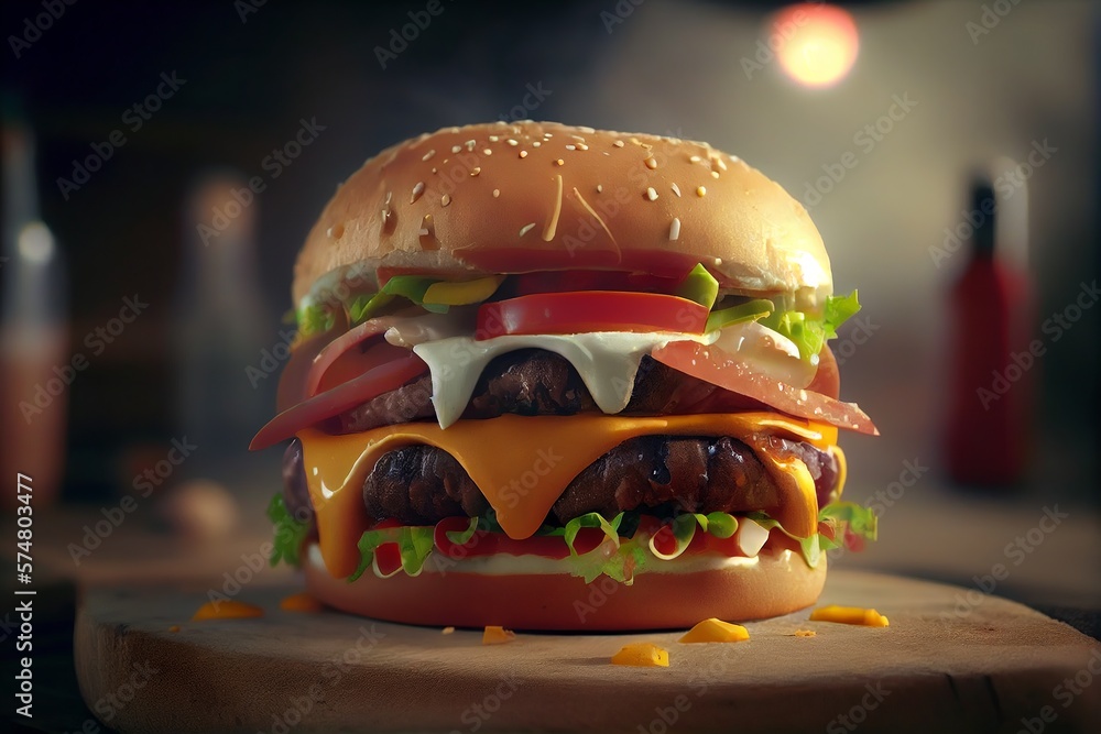 Illustration of Cheeseburger with melted cheese, bacon and tomato ...