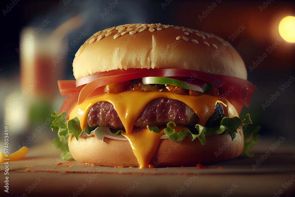 Illustration of Cheeseburger with melted cheese, bacon and tomato ...