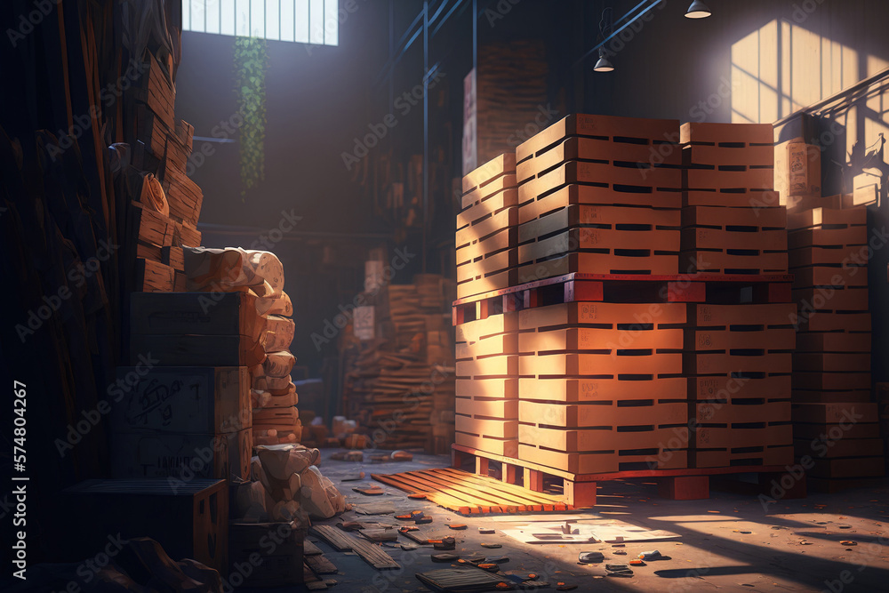 a stack of wooden pallets in an interior warehouse a pile of eurotype ...