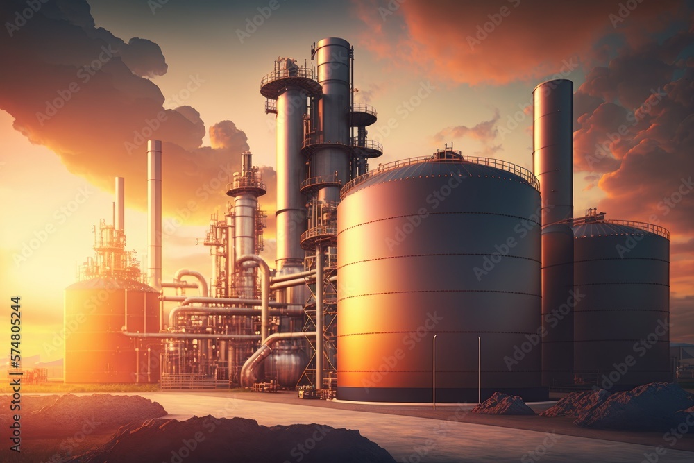 Oil refinery facility in the industrial zone, with a steel storage tank ...