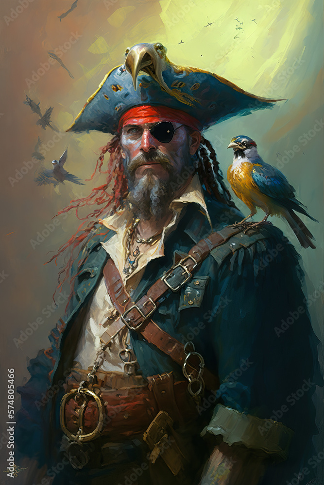 "Pirate Captain with Cutlass and Parrot in Swashbuckling Pose ...