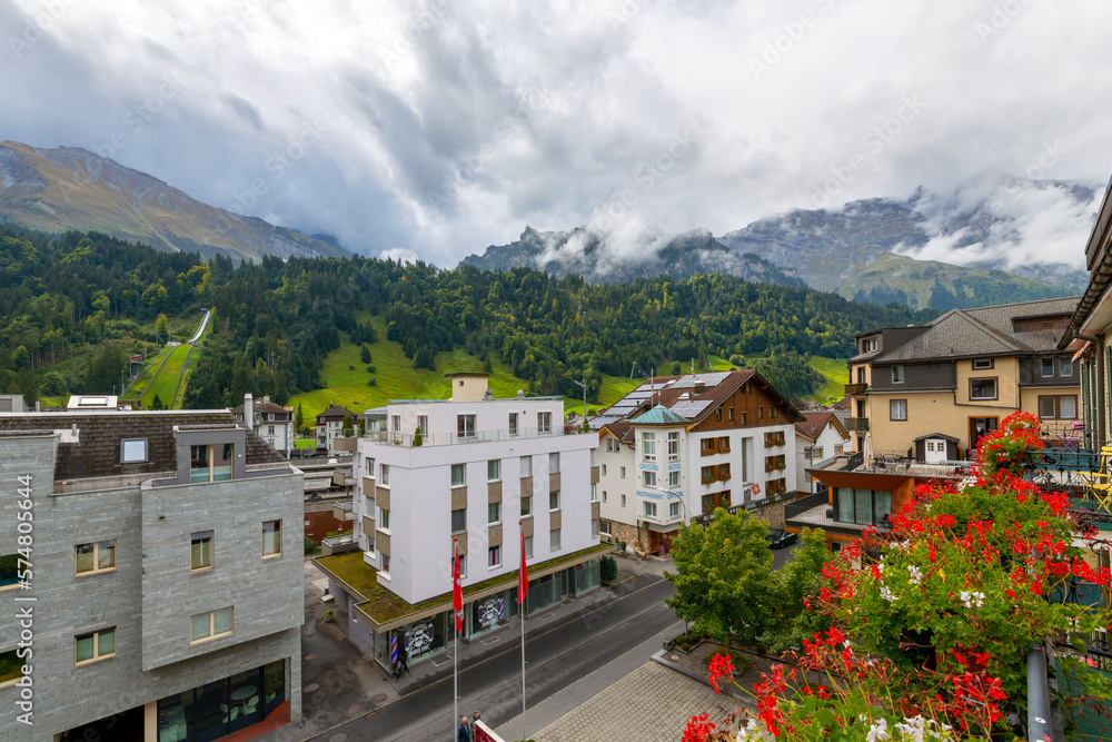 View from a hotel balcony with flowers of the Swiss town of Engelberg ...