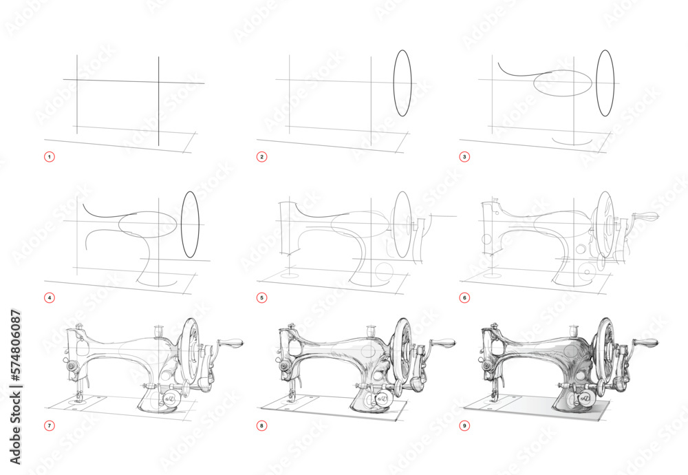 Page shows how to learn to draw sketch of old sewing machine. Pencil ...