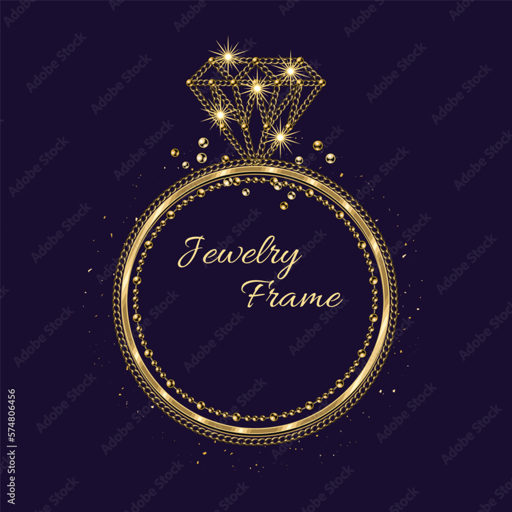 Circular golden frame in the shape of ring with diamond. Jewelry chains ...
