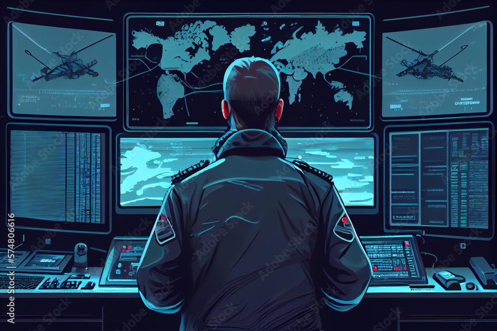 A Man In Uniform Stands At A Control Center With His Back To Us Keeping ...