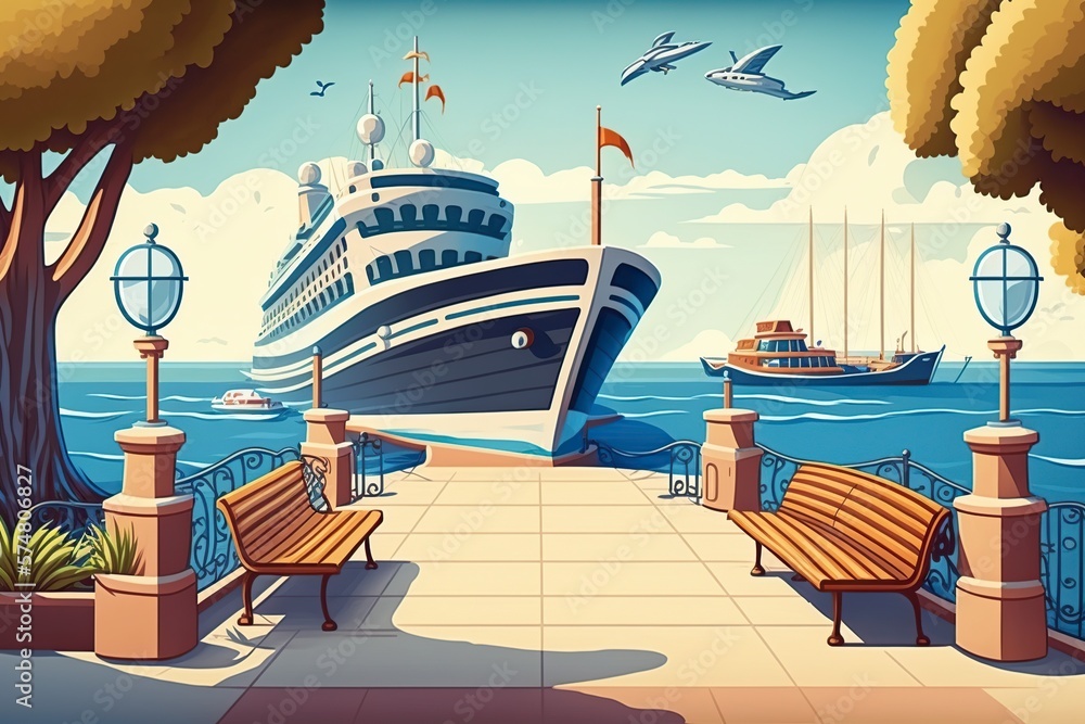 cartoon illustration, summer sea with cruise ship and motorboat in the ...