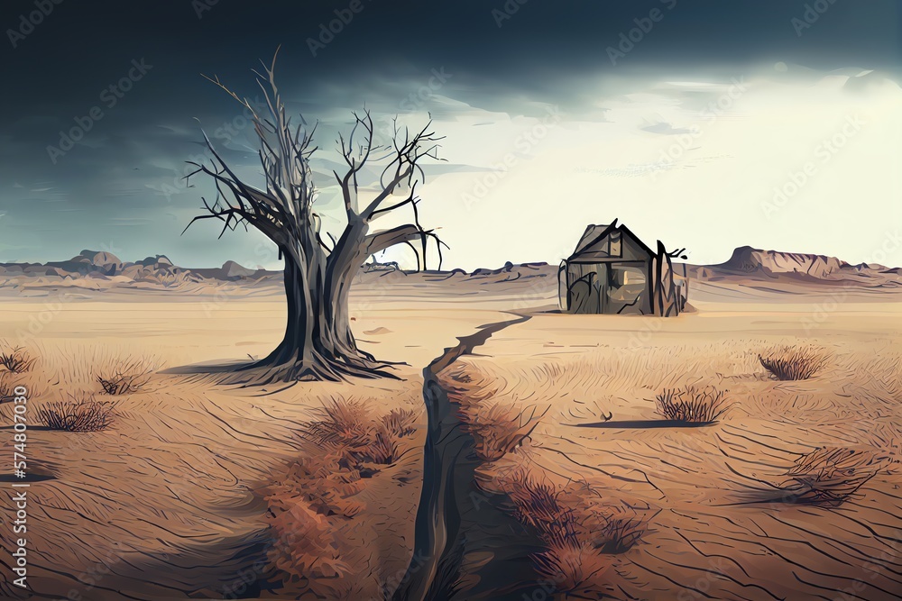 Barren Landscape Fith Crached Dried Soil, Abandoned Farm And Dead Tree ...