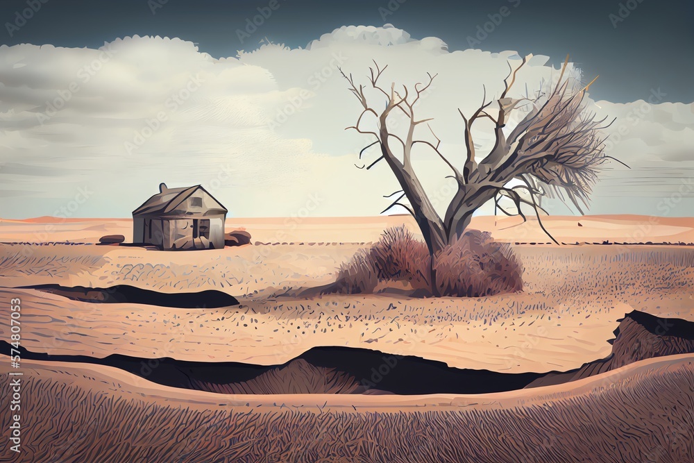 Barren Landscape Fith Crached Dried Soil, Abandoned Farm And Dead Tree ...