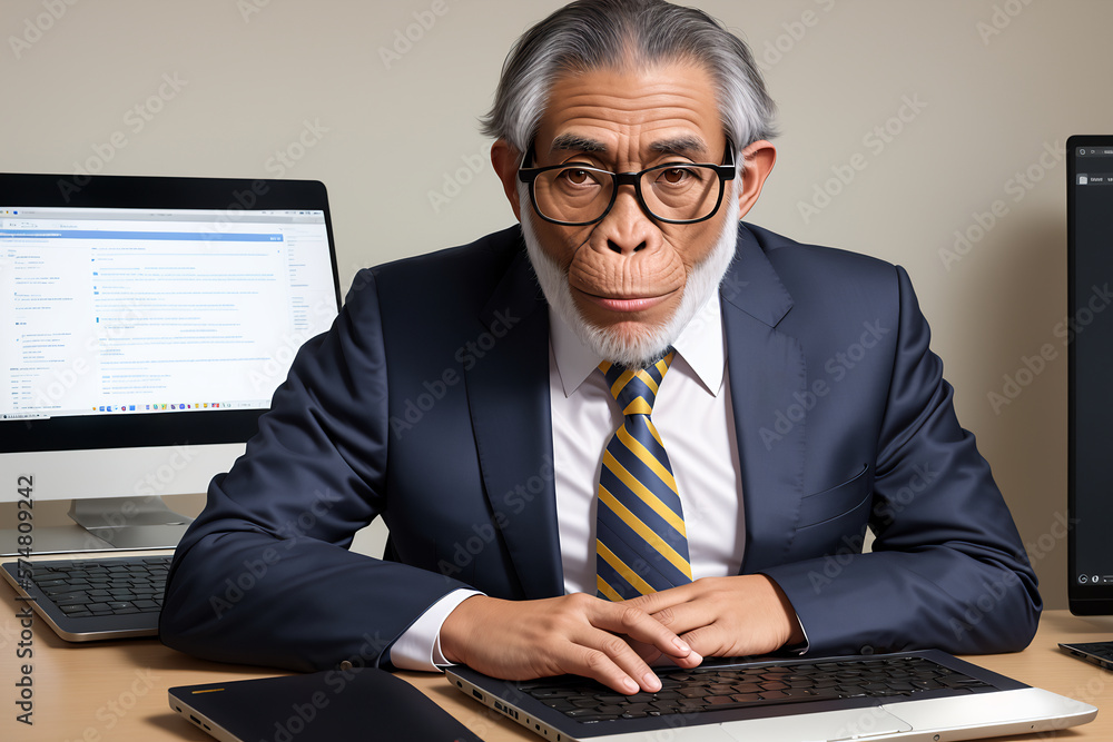 A antropomorhic chimpanzee ape in a suit and tie in role of a ...
