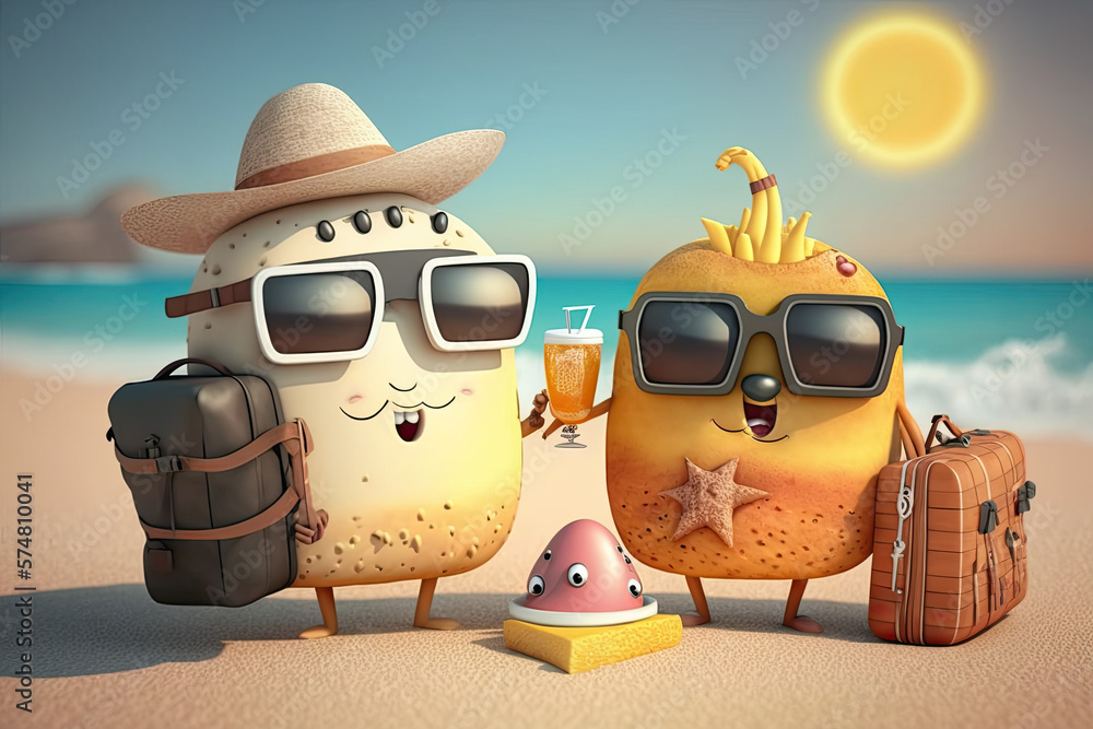 Funny squishy rubber cartoon characters as a family at the beach ...