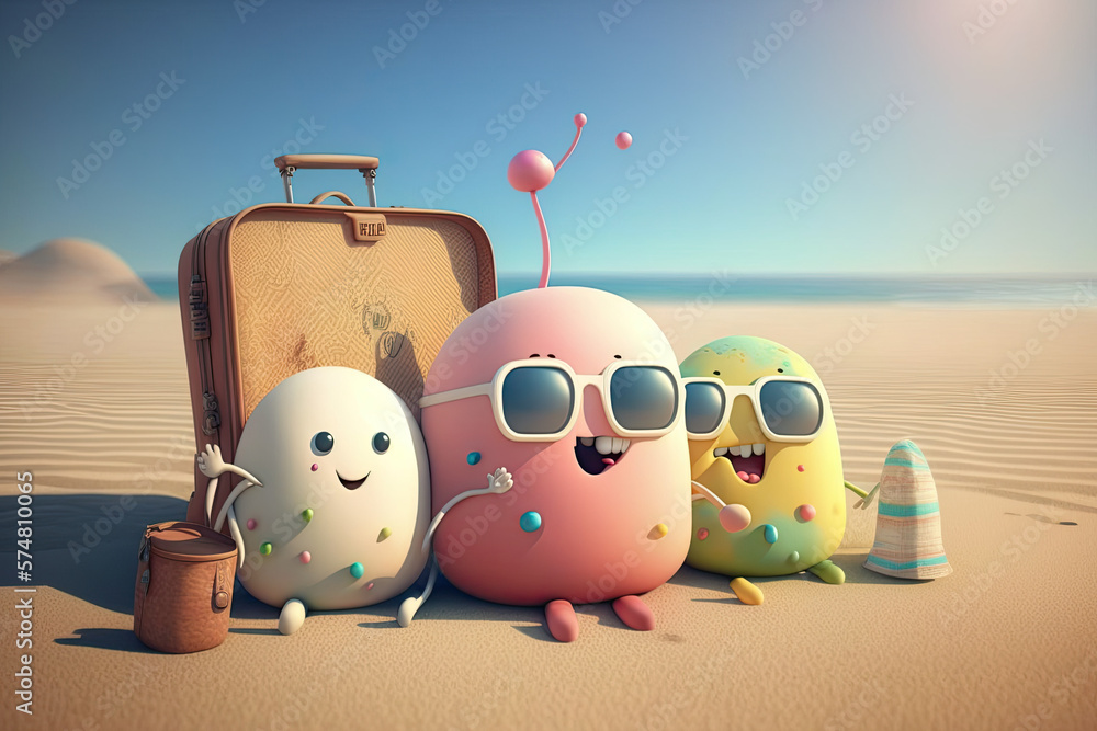 Funny squishy rubber cartoon characters as a family at the beach ...